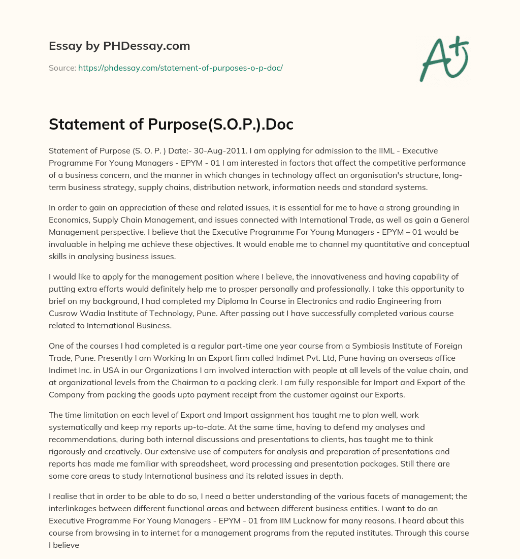Statement of Purpose(S.O.P.).Doc (600 Words) - PHDessay.com