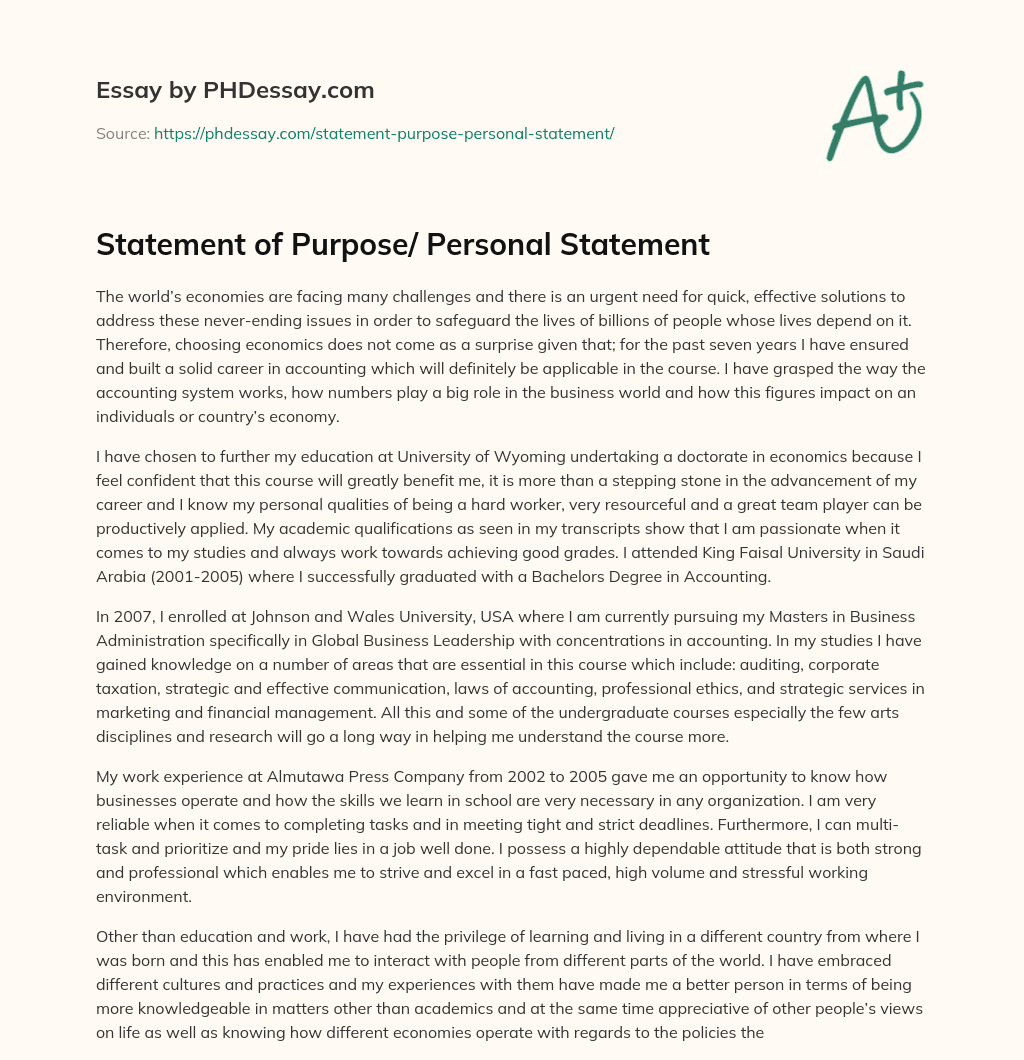 Statement of Purpose/ Personal Statement (600 Words) - PHDessay.com