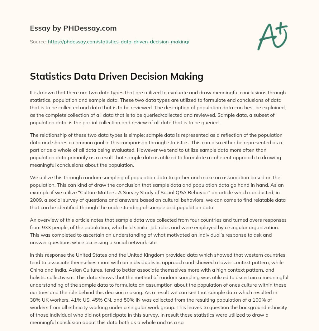 Statistics Data Driven Decision Making (500 Words) - PHDessay.com