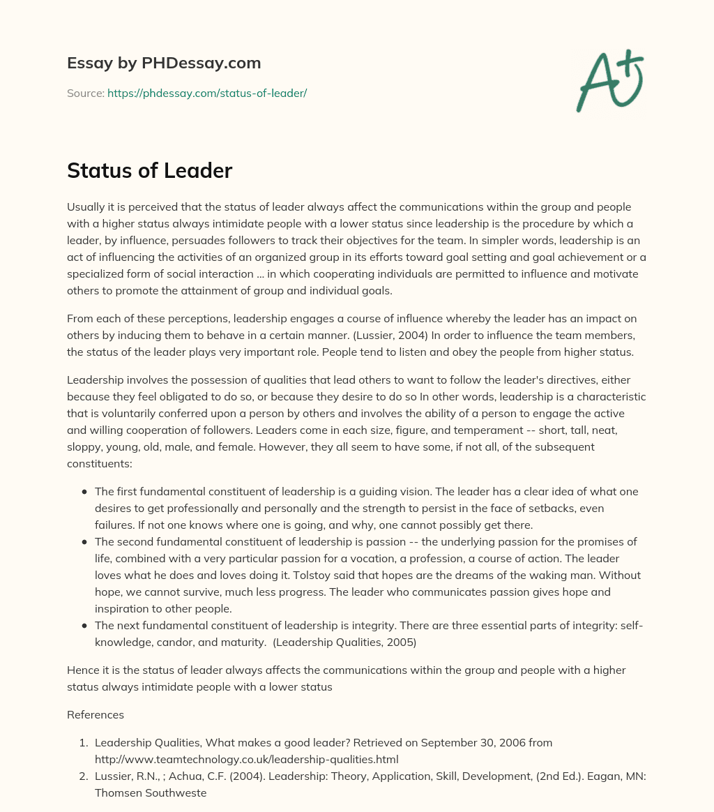 Status of Leader (500 Words) - PHDessay.com
