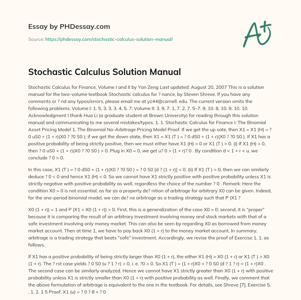 Stochastic Calculus Solution Manual - PHDessay.com