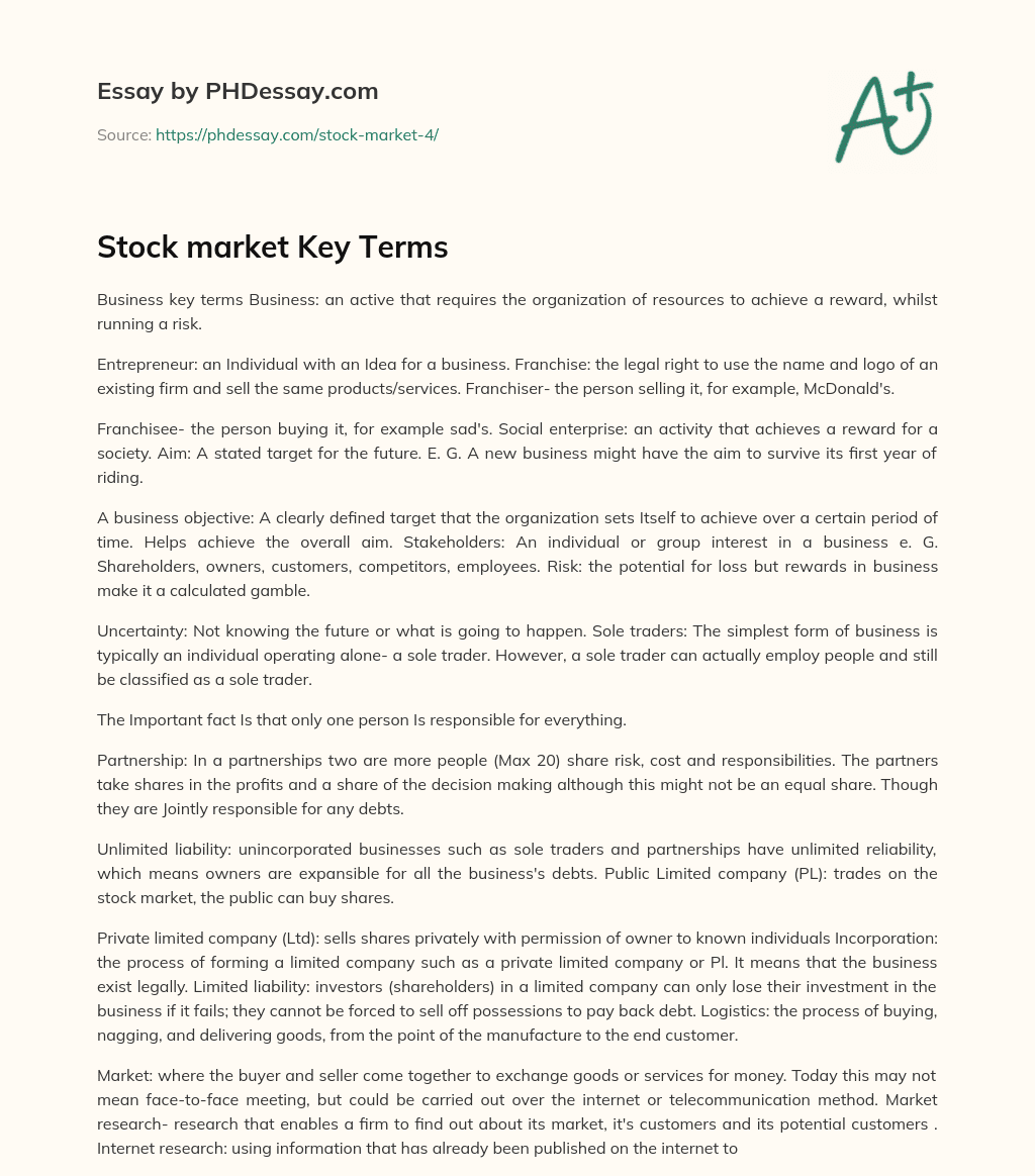 Stock market Key Terms - PHDessay.com