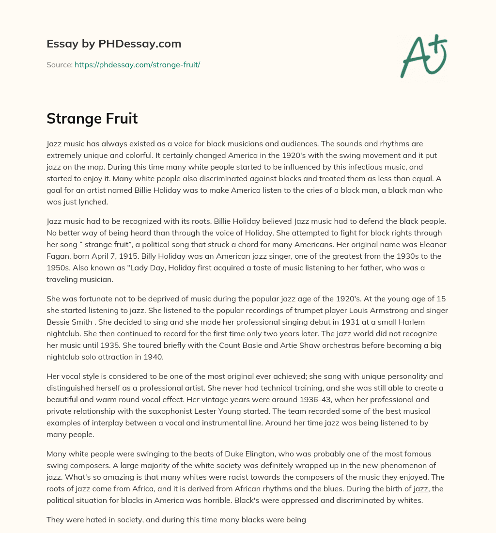 Strange Fruit Analysis Essay Example - PHDessay.com