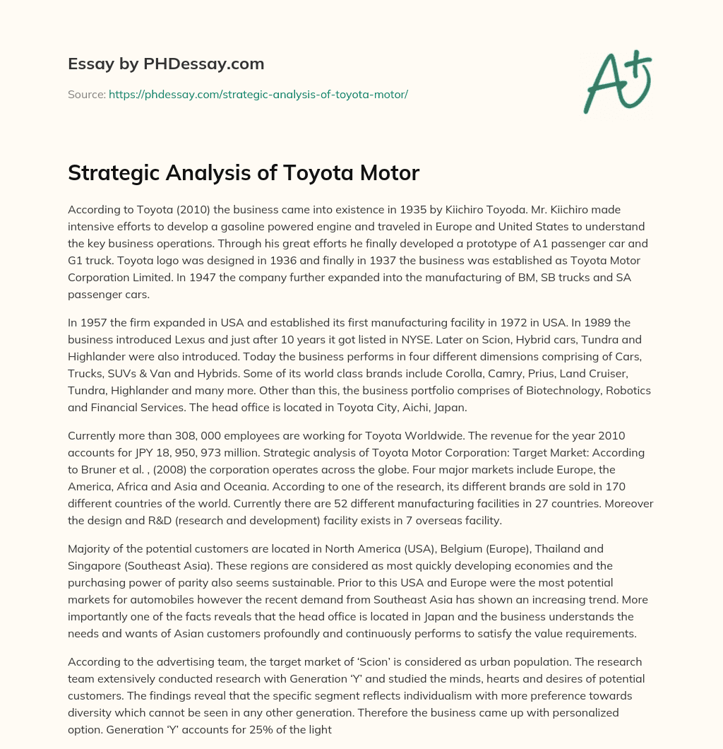 Strategic Analysis of Toyota Motor - PHDessay.com
