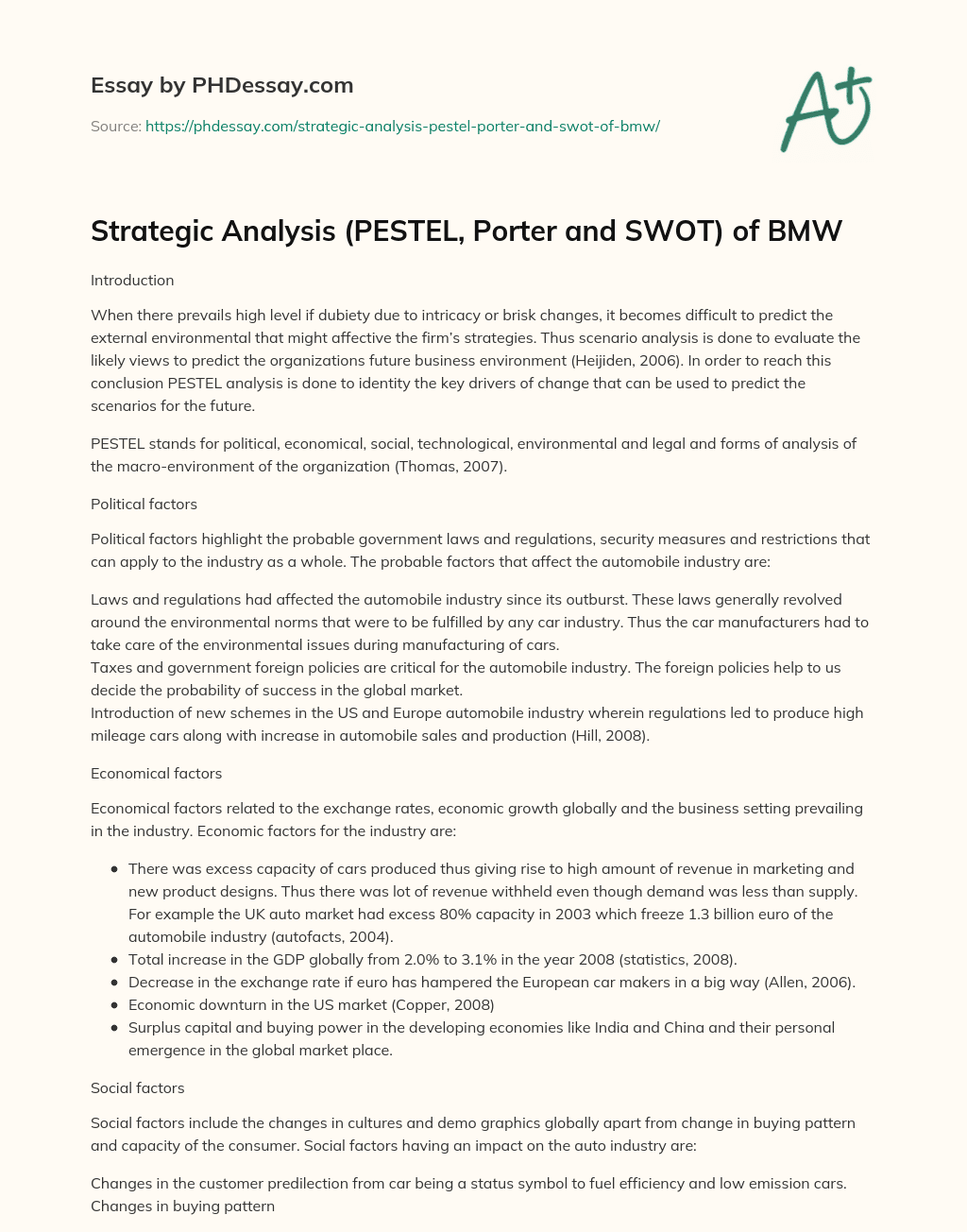 Strategic Analysis (PESTEL, Porter and SWOT) of BMW - PHDessay.com