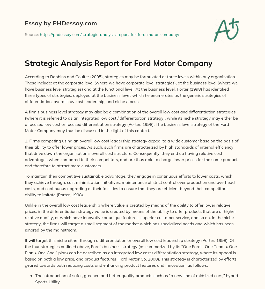 Strategic Analysis Report for Ford Motor Company - PHDessay.com