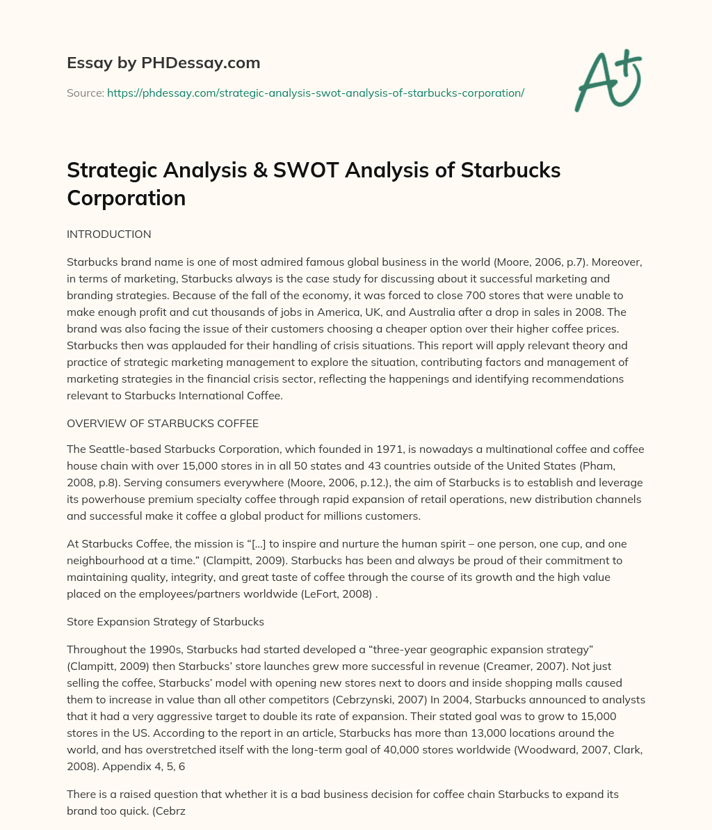 Strategic Analysis & SWOT Analysis of Starbucks Corporation - PHDessay.com