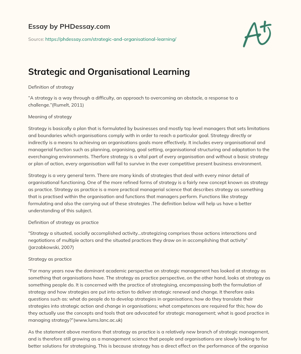 Strategic and Organisational Learning - PHDessay.com