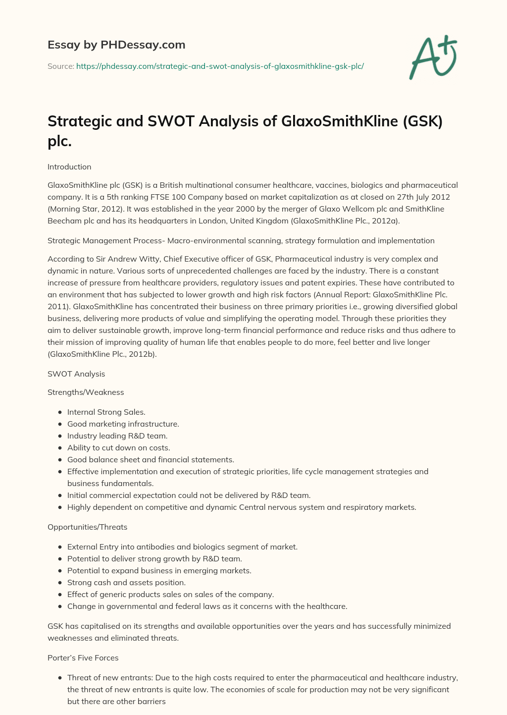 Strategic and SWOT Analysis of GlaxoSmithKline (GSK) plc. - PHDessay.com