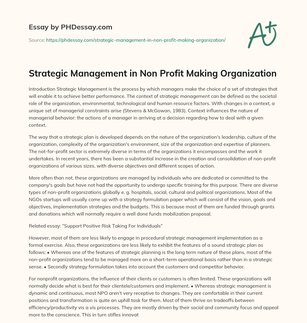 Strategic Management in Non Profit Making Organization - PHDessay.com