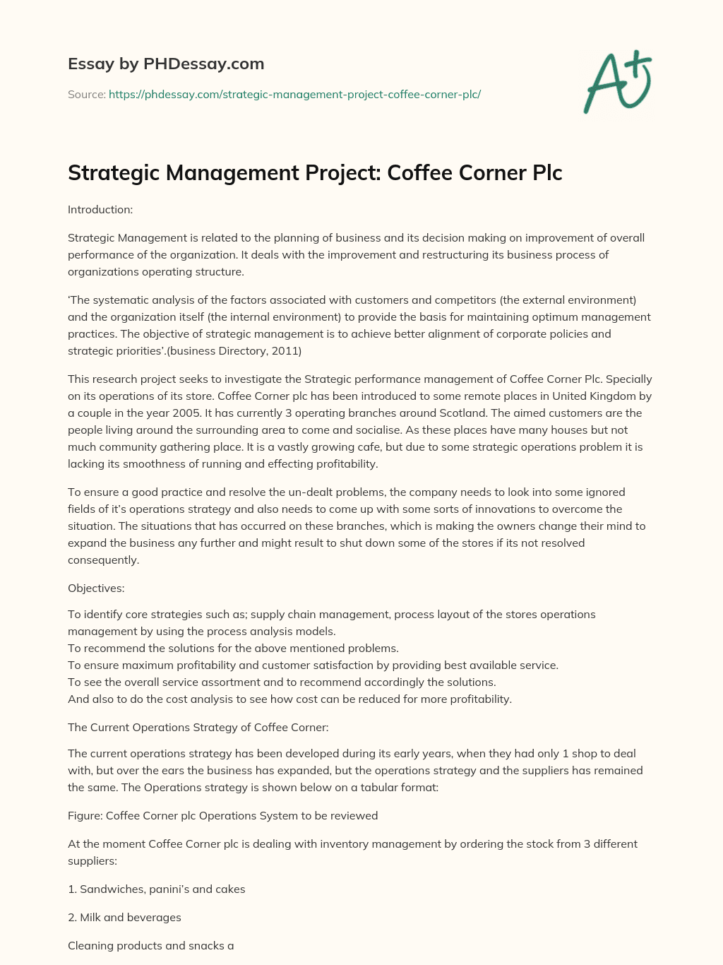 Strategic Management Project: Coffee Corner Plc - PHDessay.com
