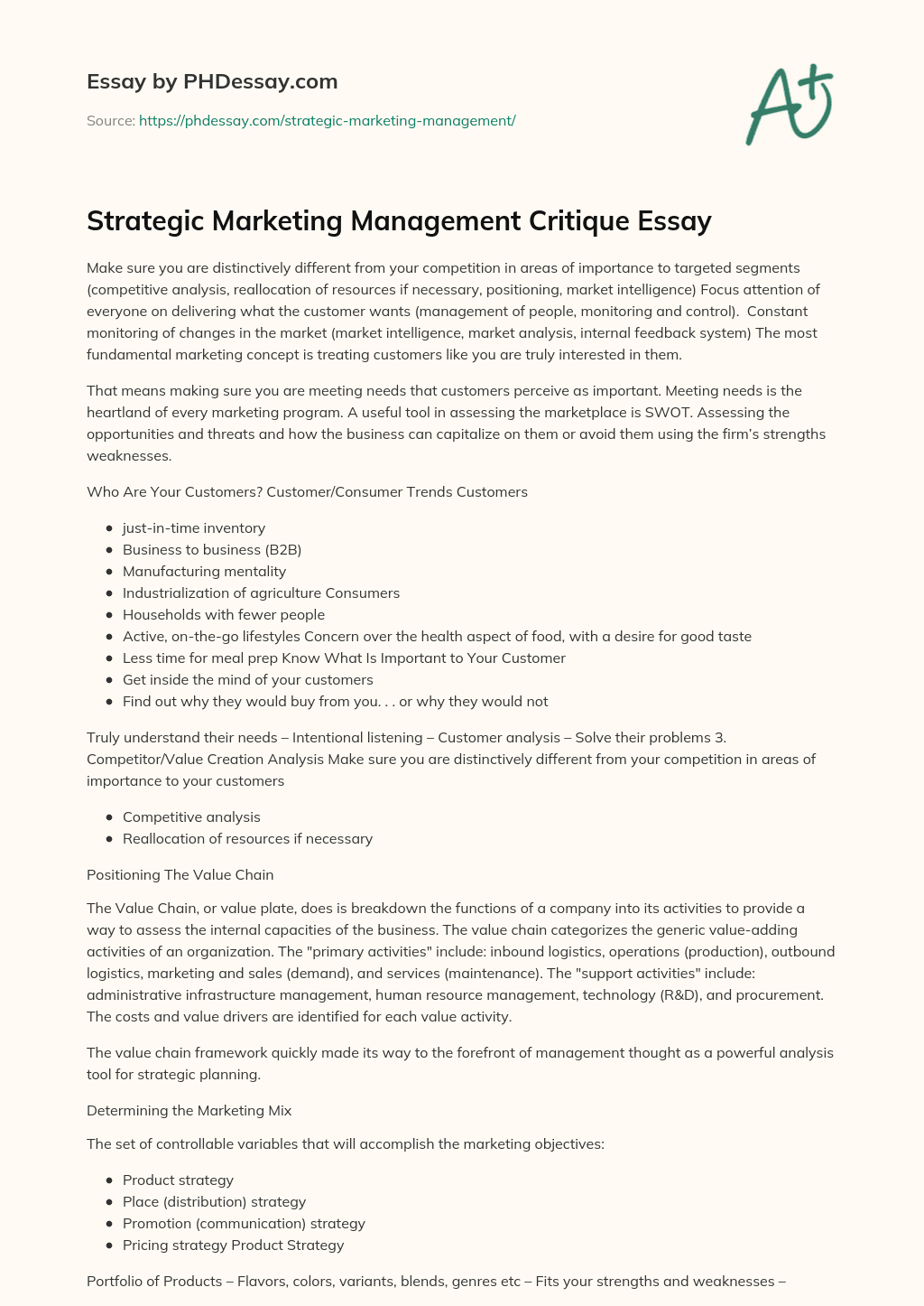 Strategic Marketing Management Critique Essay - PHDessay.com
