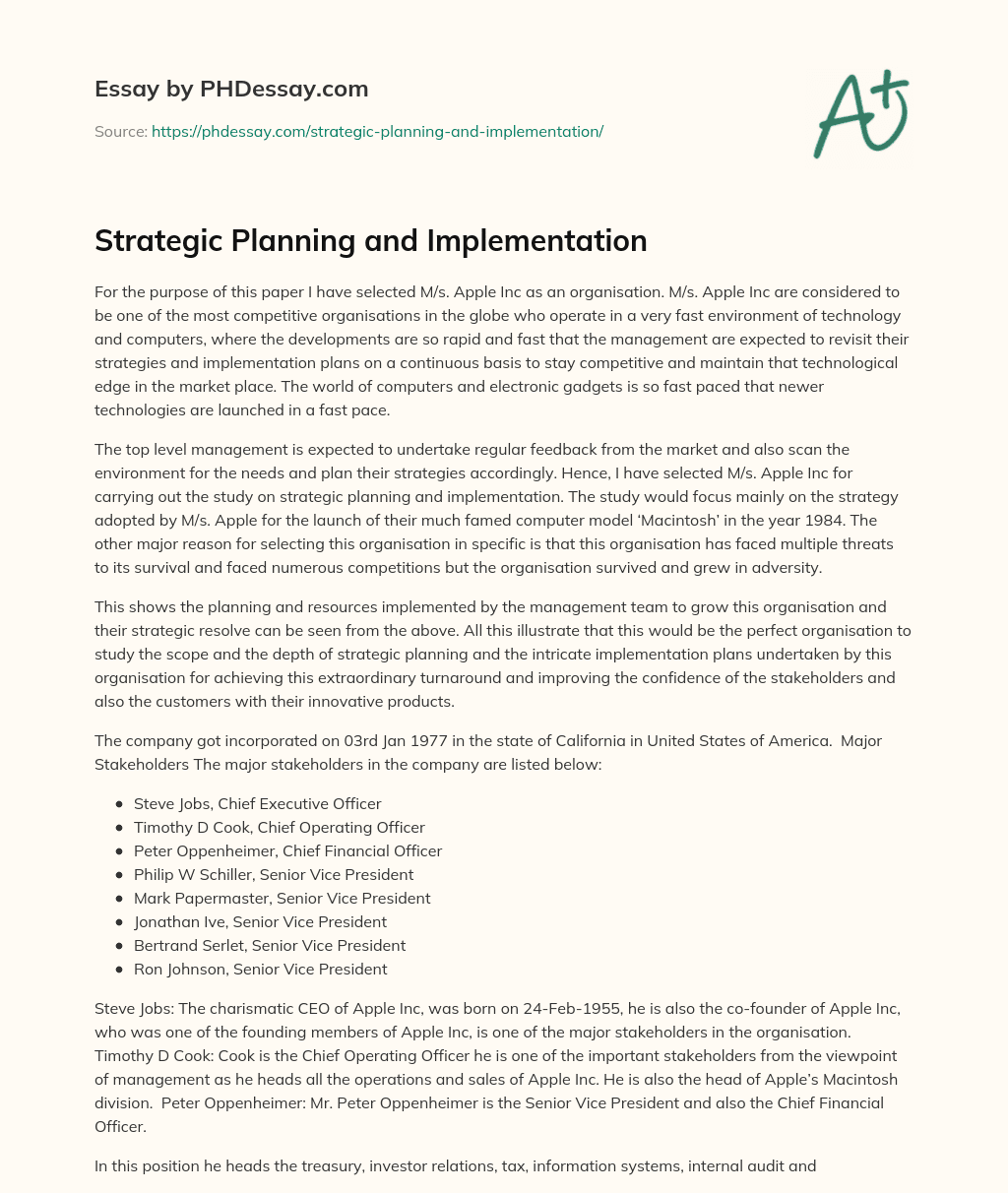 Strategic Planning and Implementation - PHDessay.com