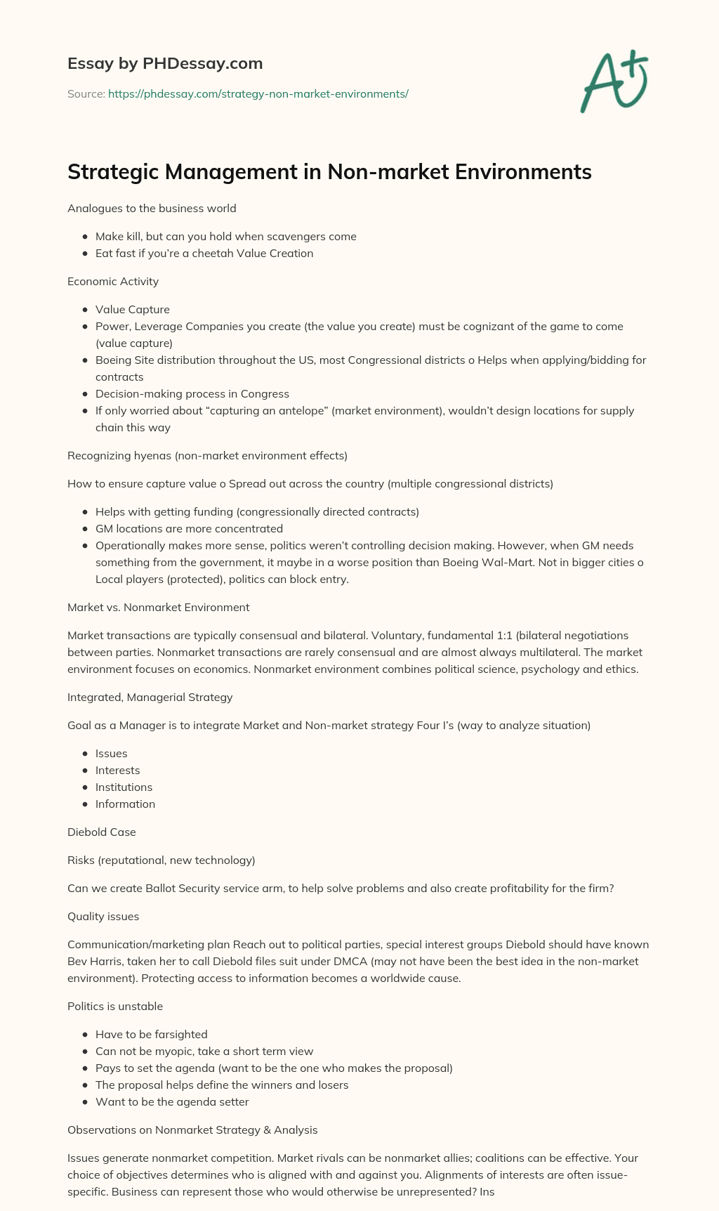 Strategic Management in Non-market Environments - PHDessay.com