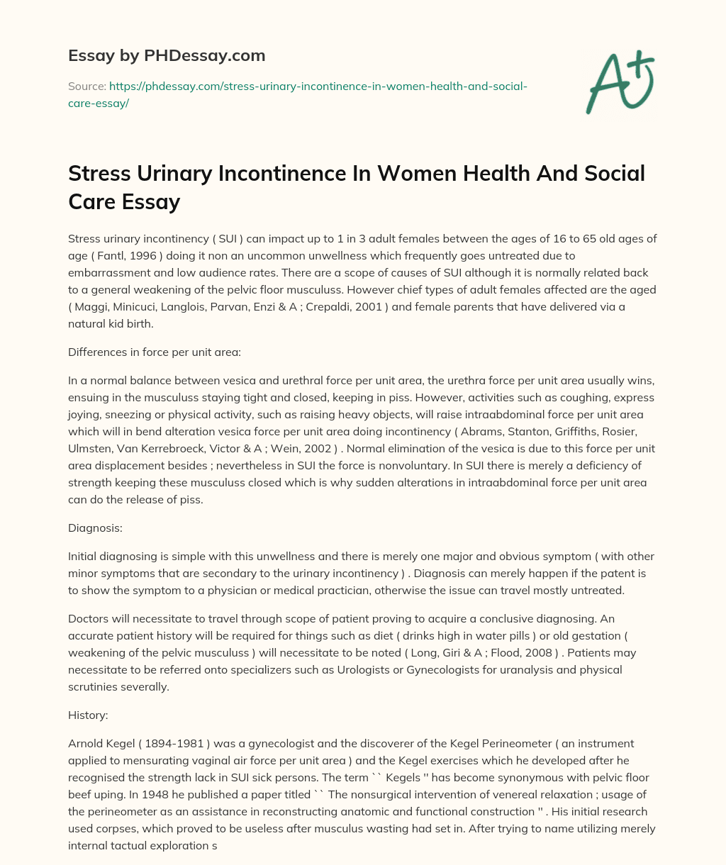 Stress Urinary Incontinence In Women Health And Social Care Essay ...