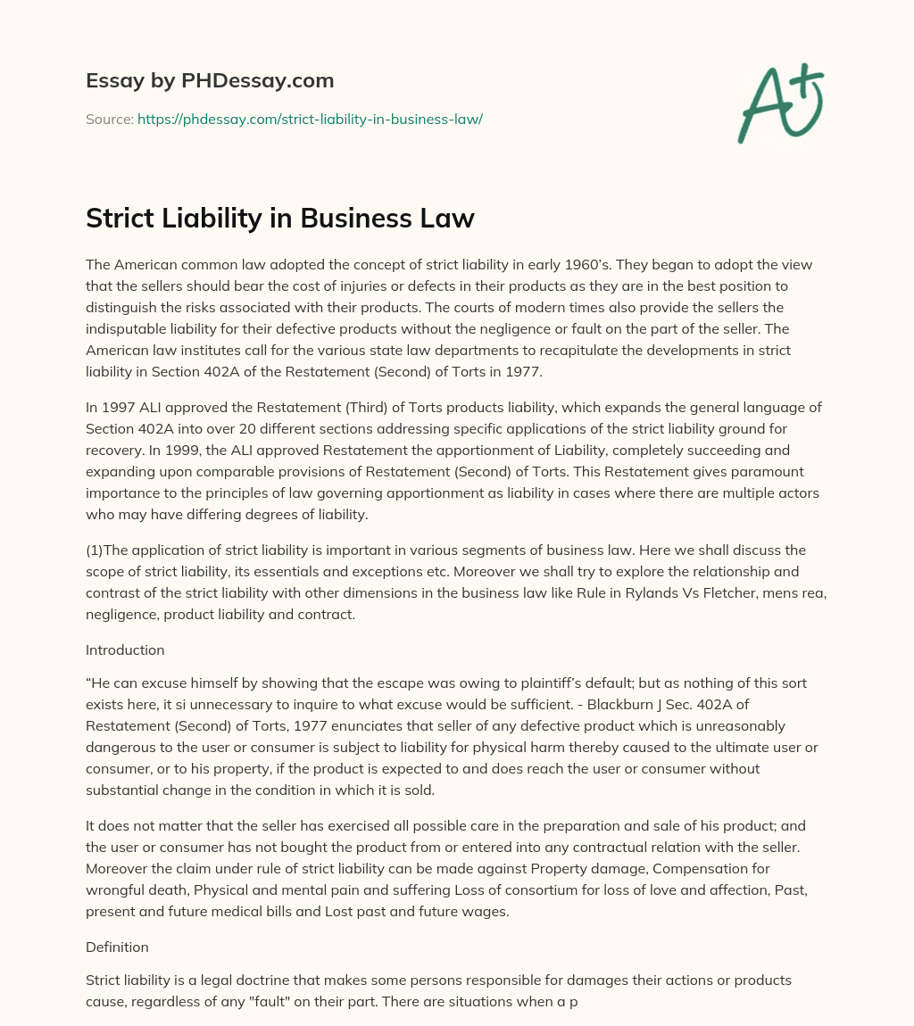 Strict Liability in Business Law - PHDessay.com