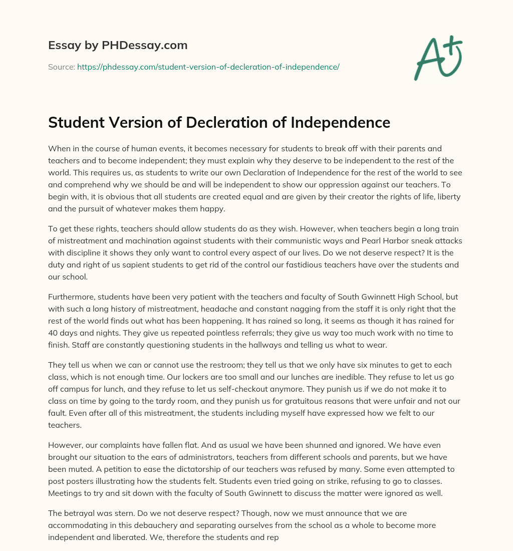 Student Version of Decleration of Independence (600 Words) - PHDessay.com