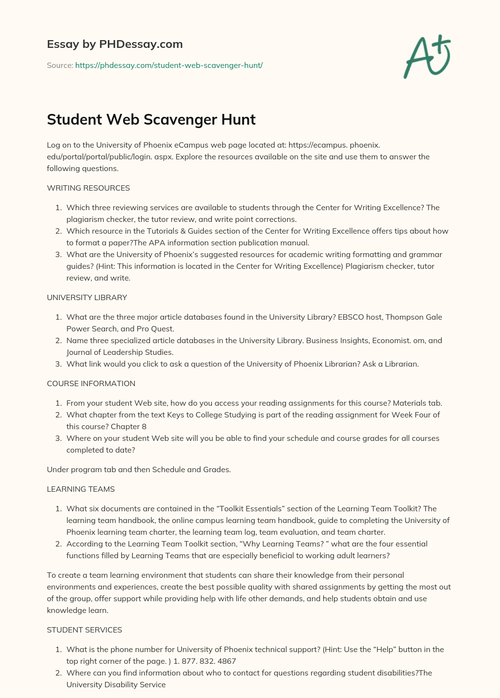 Student Web Scavenger Hunt (500 Words) - PHDessay.com