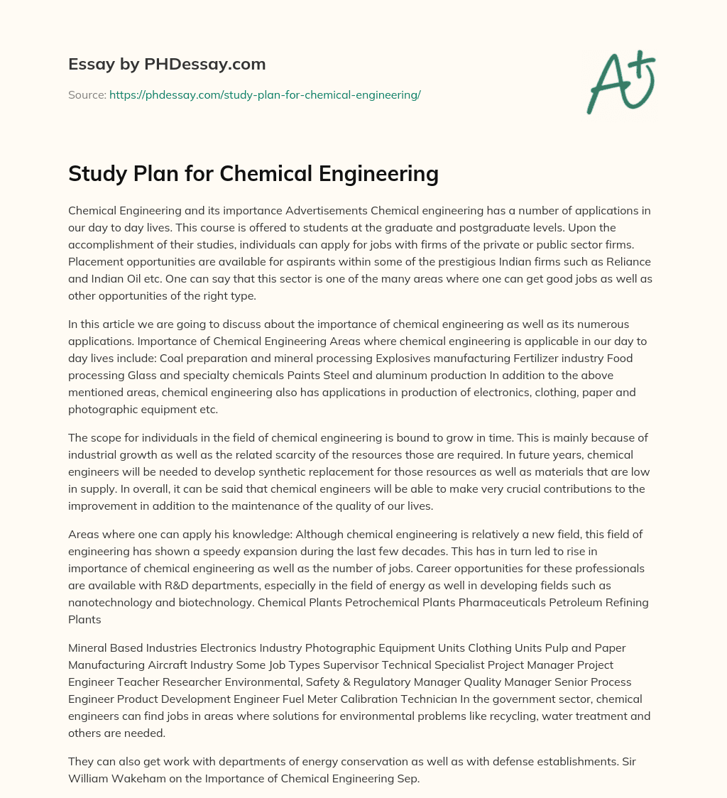 Study Plan for Chemical Engineering - PHDessay.com