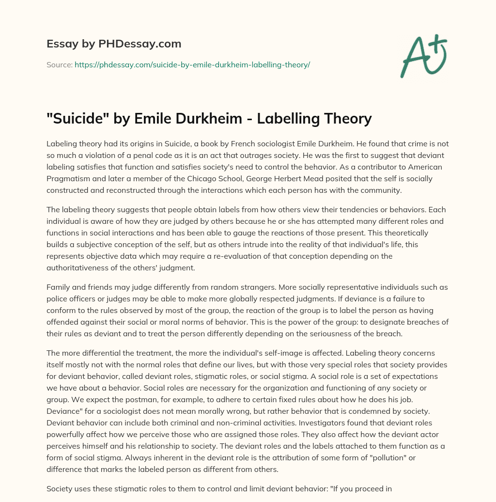"Suicide" By Emile Durkheim - Labelling Theory Process Example ...