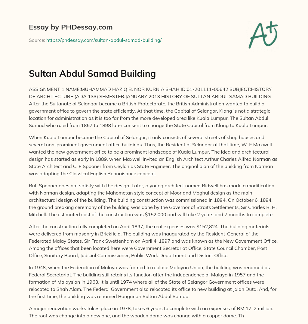 Sultan Abdul Samad Building - PHDessay.com