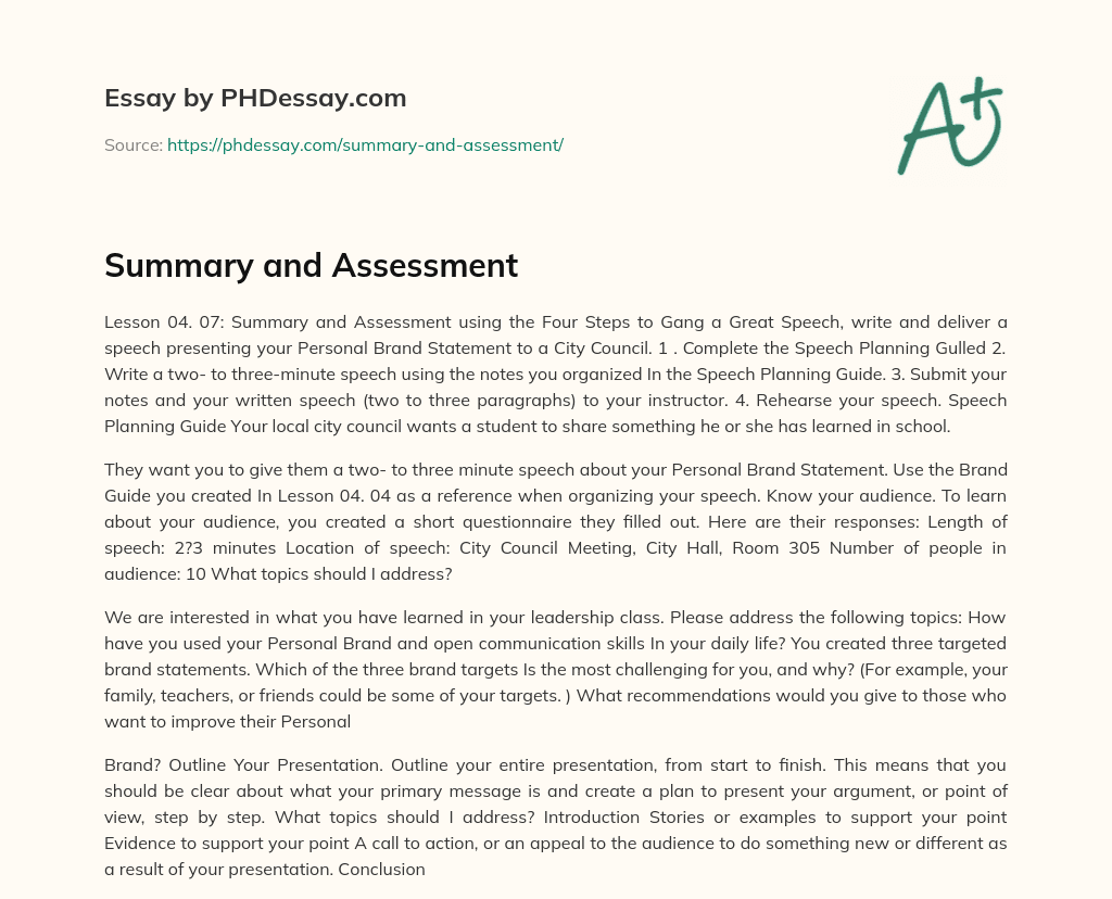 Summary and Assessment (300 Words) - PHDessay.com