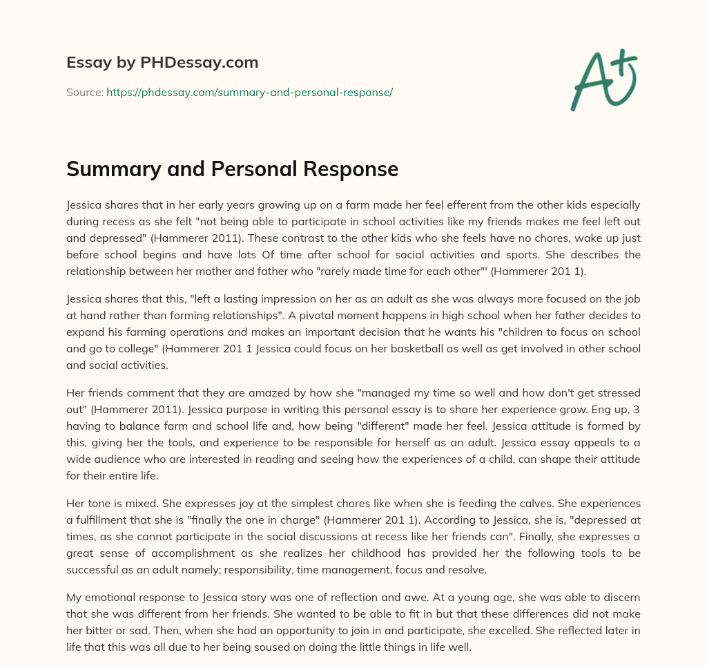 Summary and Personal Response (400 Words) - PHDessay.com