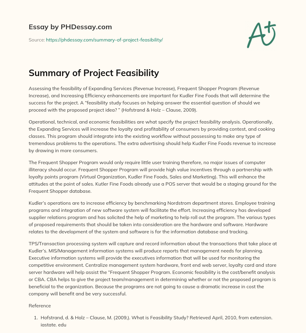 Summary of Project Feasibility (400 Words) - PHDessay.com