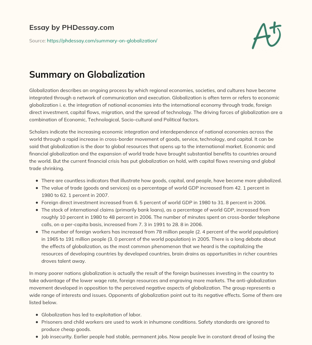 Summary on Globalization - PHDessay.com