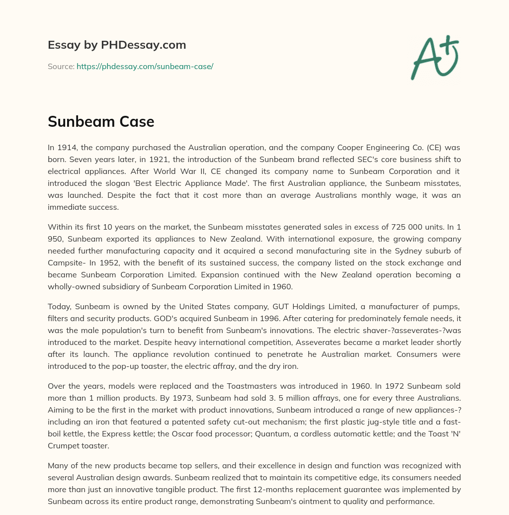 Sunbeam Case (400 Words) - PHDessay.com