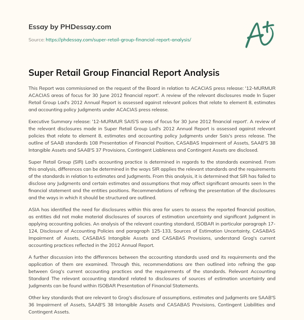 Super Retail Group Financial Report Analysis - PHDessay.com