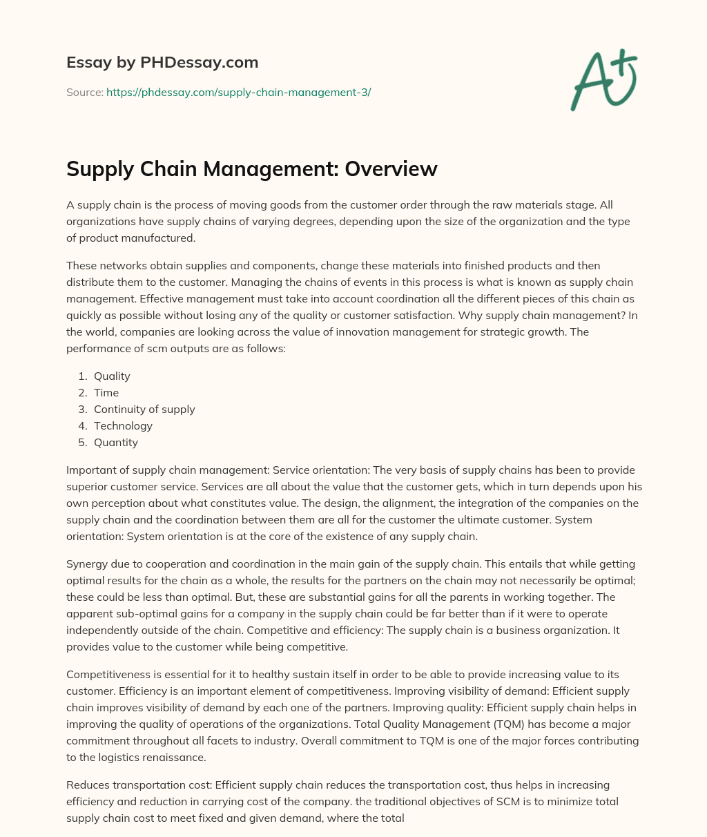 Supply Chain Management: Overview - PHDessay.com