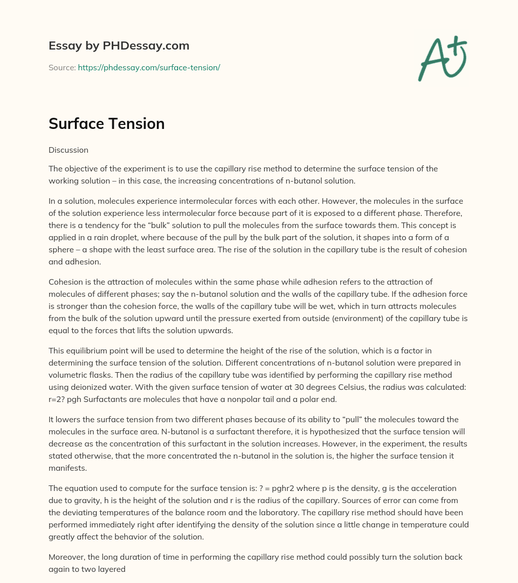 Surface Tension Essay Example - PHDessay.com
