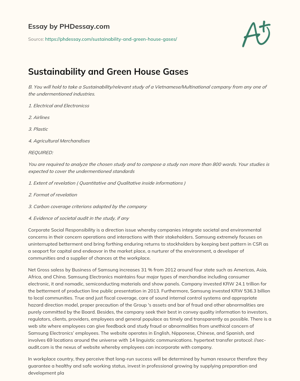 Sustainability and Green House Gases - PHDessay.com