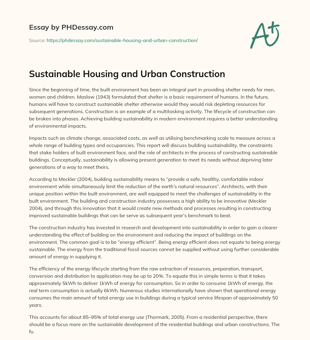 Sustainable Housing and Urban Construction - PHDessay.com