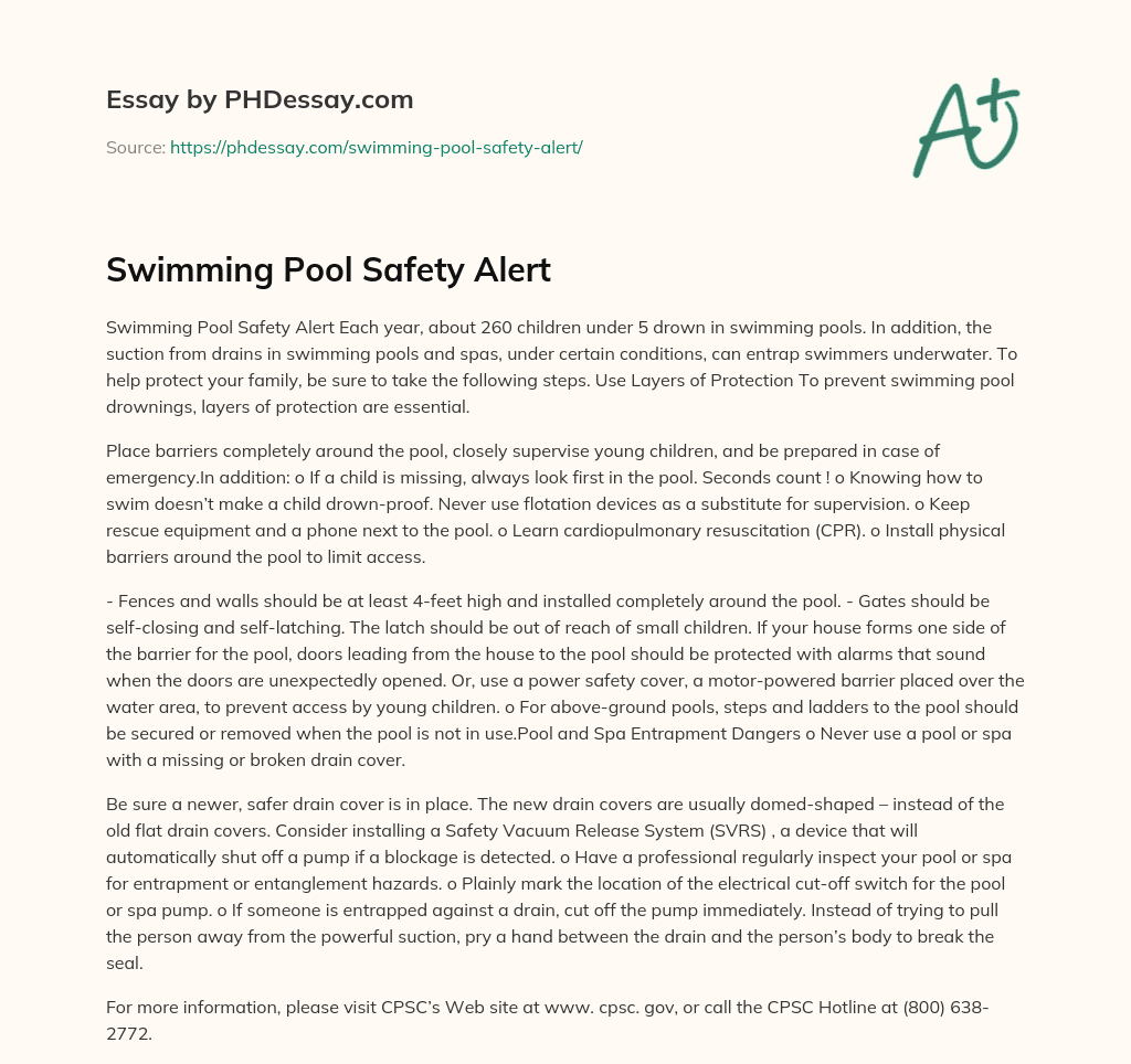 Swimming Pool Safety Alert - PHDessay.com