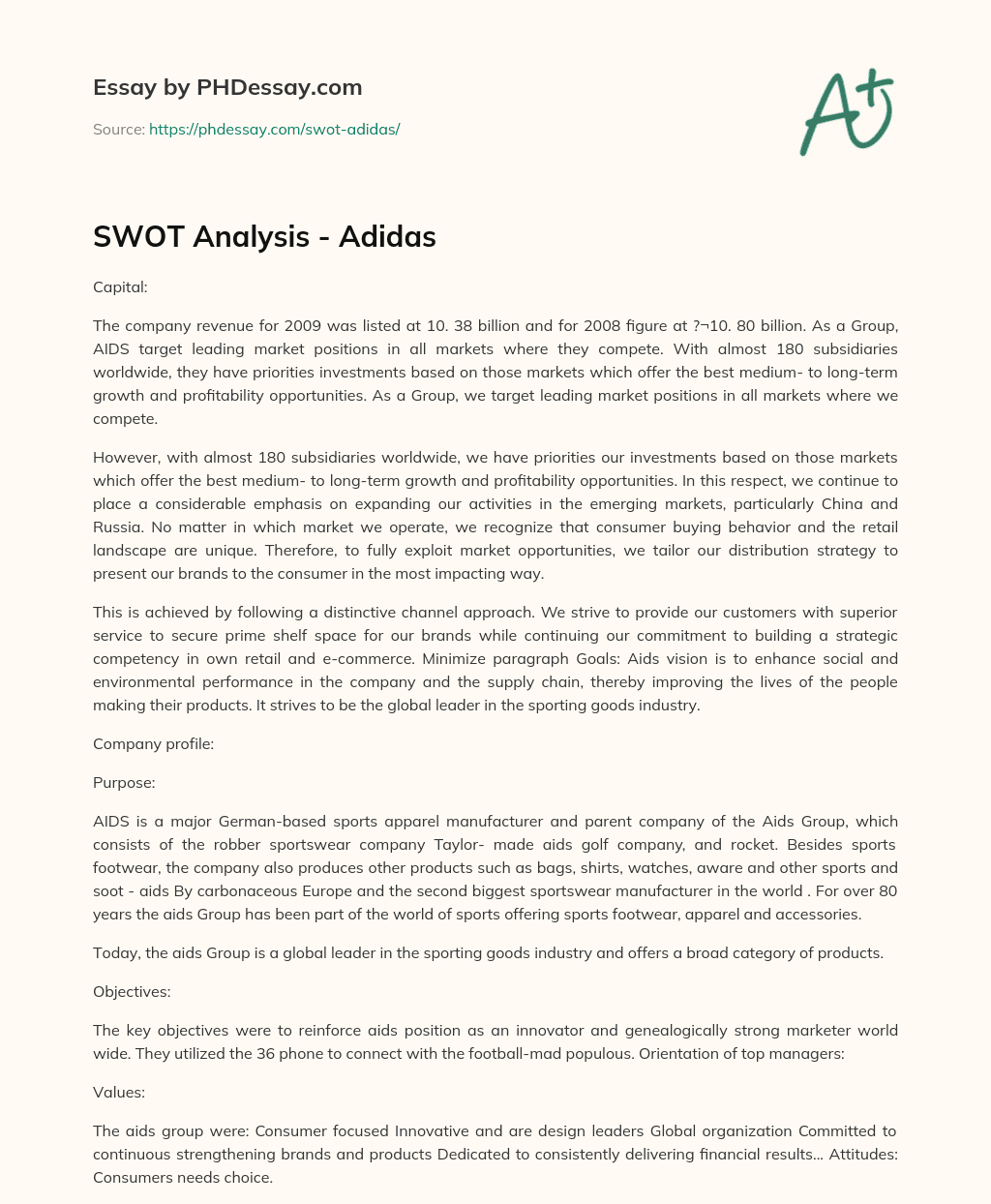 SWOT Analysis - Adidas - PHDessay.com
