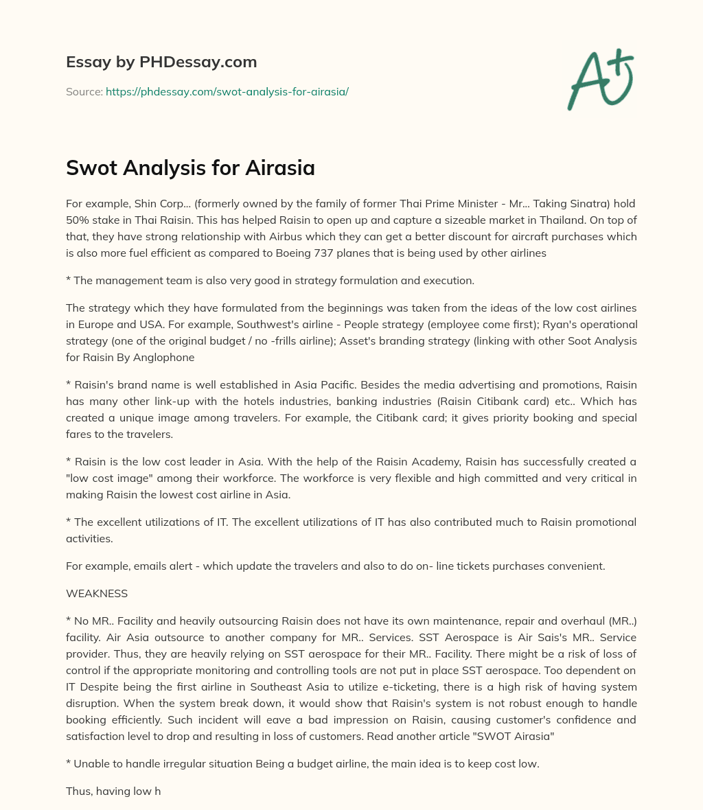 Swot Analysis for Airasia - PHDessay.com