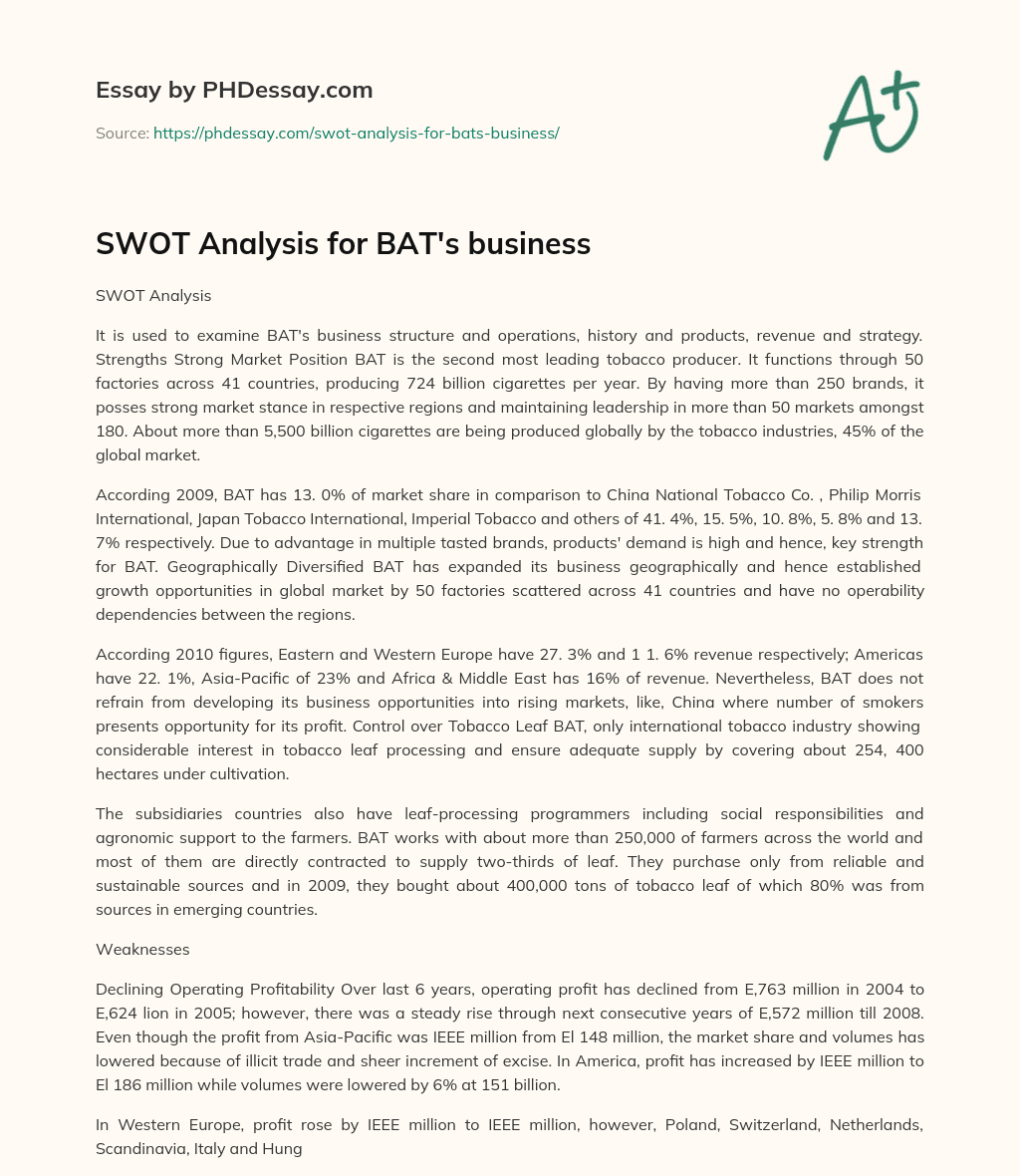 SWOT Analysis for BAT's business - PHDessay.com
