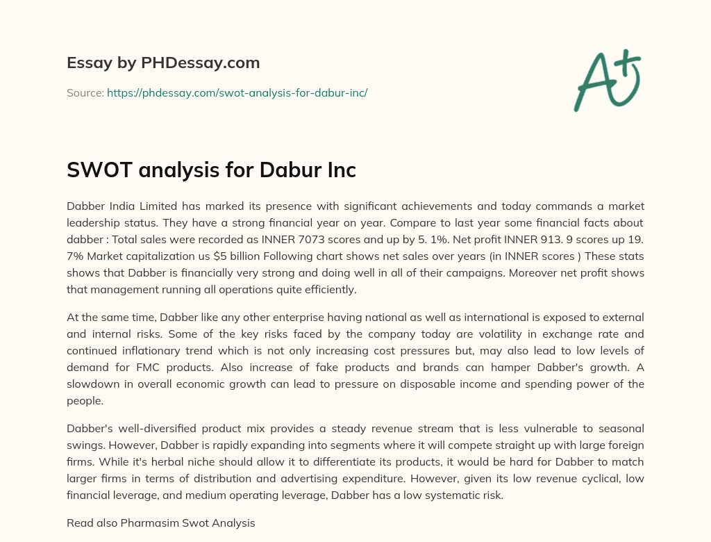 SWOT analysis for Dabur Inc (300 Words) - PHDessay.com