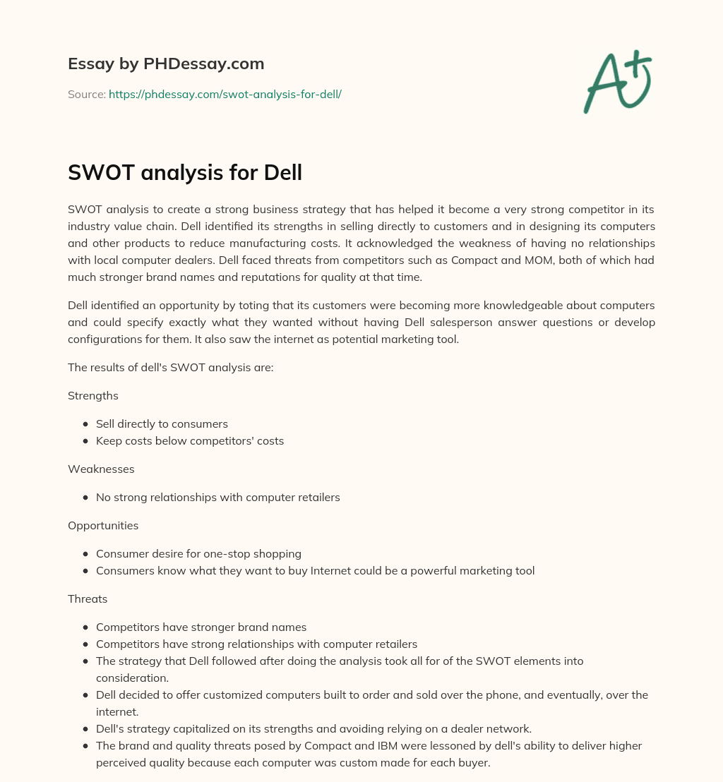 SWOT analysis for Dell (300 Words) - PHDessay.com