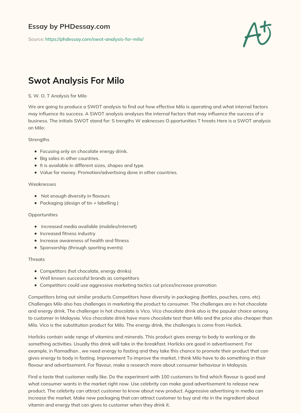 Swot Analysis For Milo - PHDessay.com