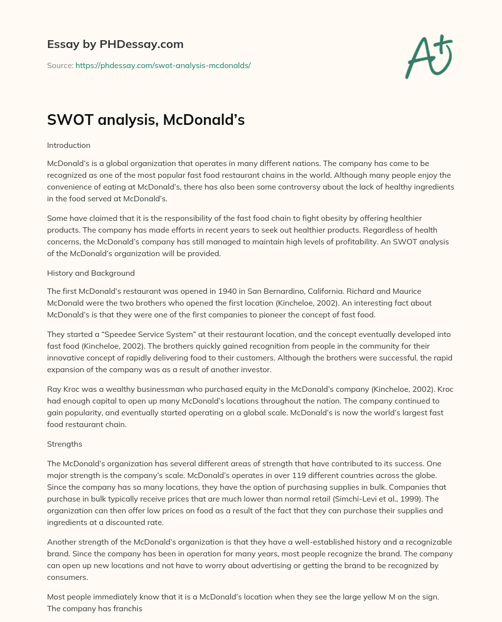 SWOT analysis, McDonald’s - PHDessay.com