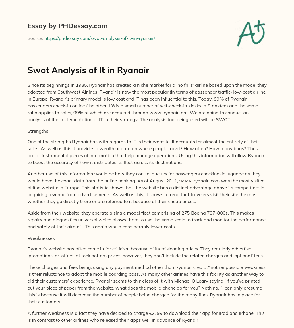 Swot Analysis of It in Ryanair - PHDessay.com