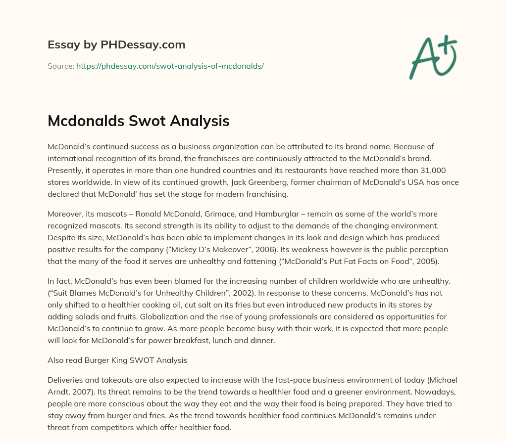 Mcdonalds Swot Analysis (400 Words) - PHDessay.com