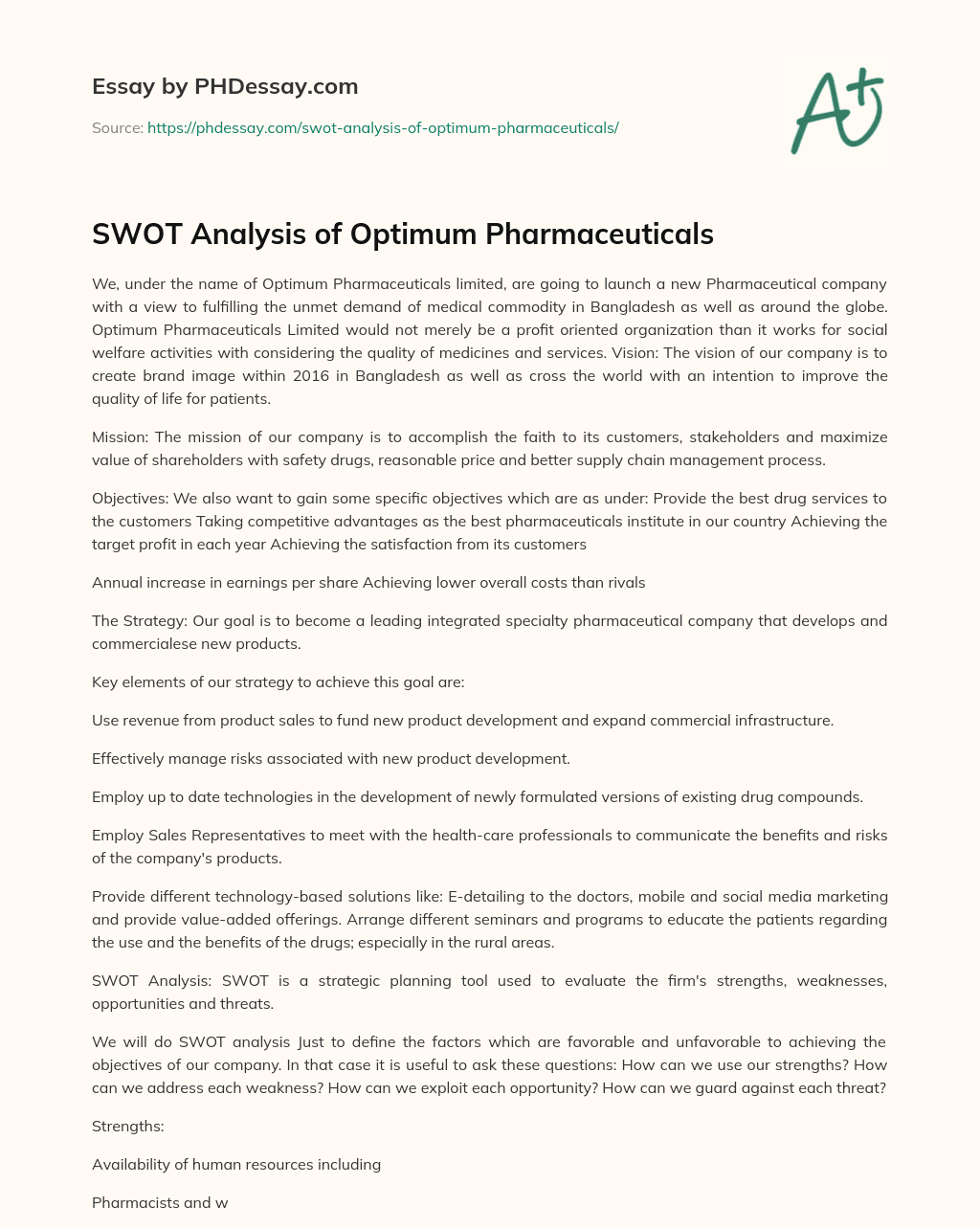 SWOT Analysis of Optimum Pharmaceuticals (600 Words) - PHDessay.com