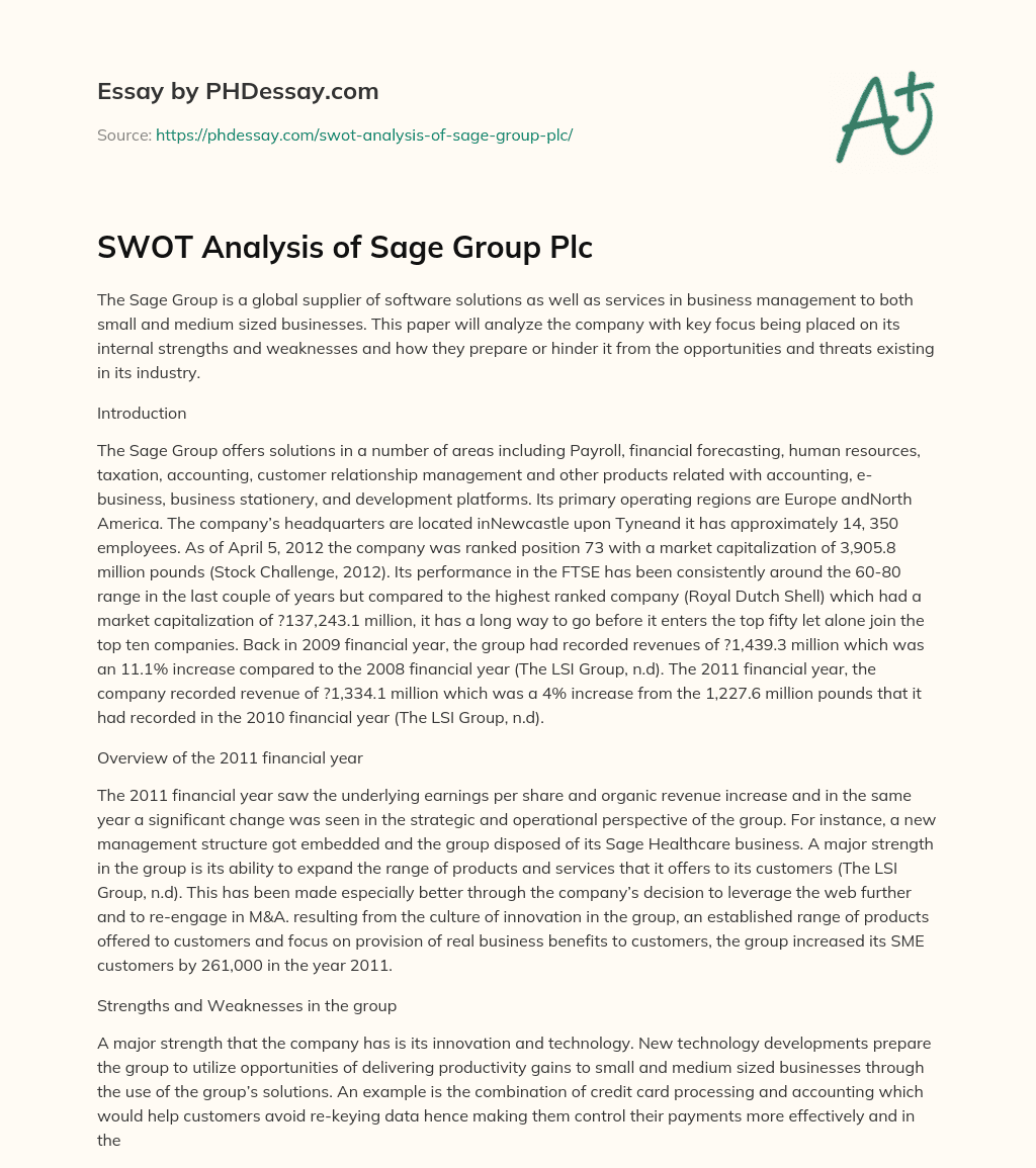 SWOT Analysis of Sage Group Plc - PHDessay.com