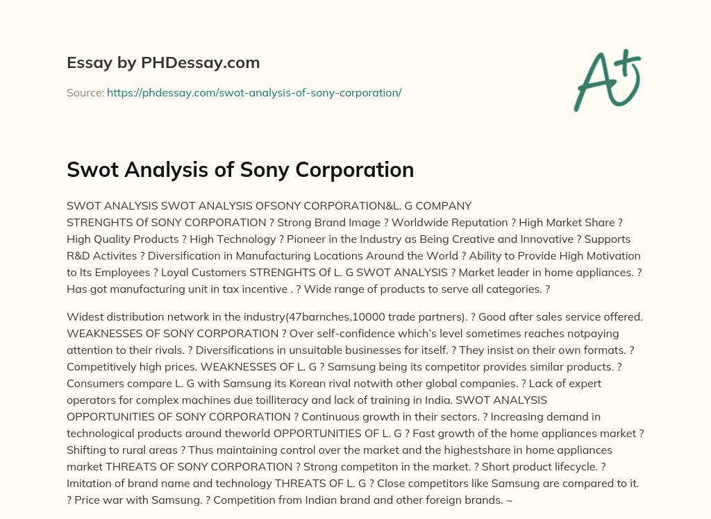 Swot Analysis of Sony Corporation (300 Words) - PHDessay.com