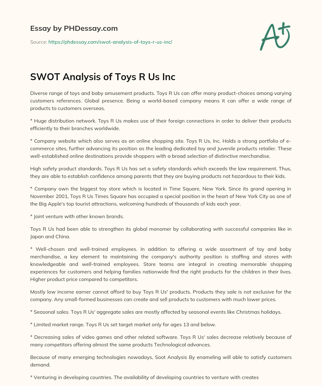 SWOT Analysis of Toys R Us Inc (500 Words) - PHDessay.com