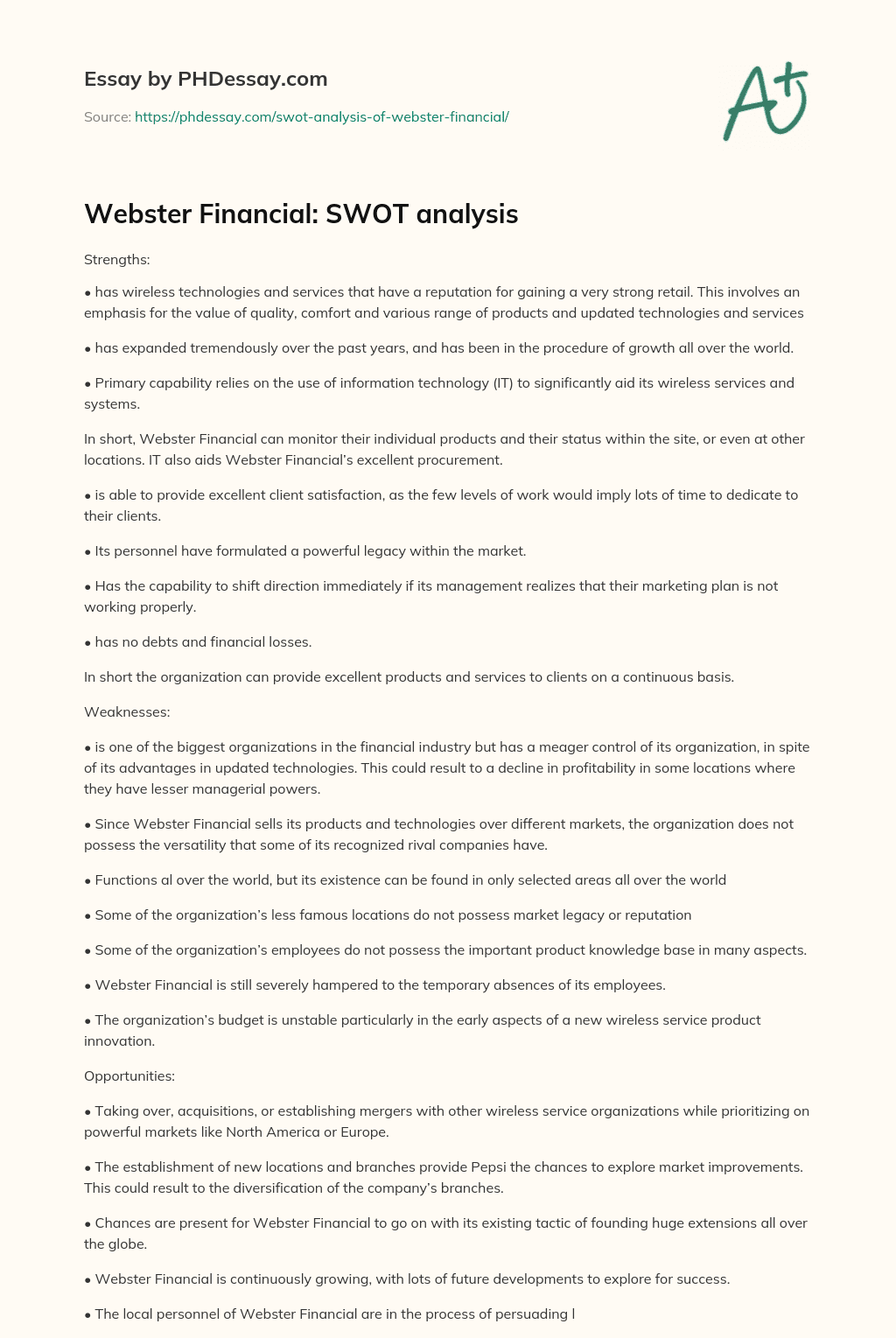Webster Financial: SWOT analysis (600 Words) - PHDessay.com